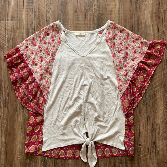 Hummingbird | Tops | Boho Floral Top Mixed Prints Tie Front Sz L | Poshmark